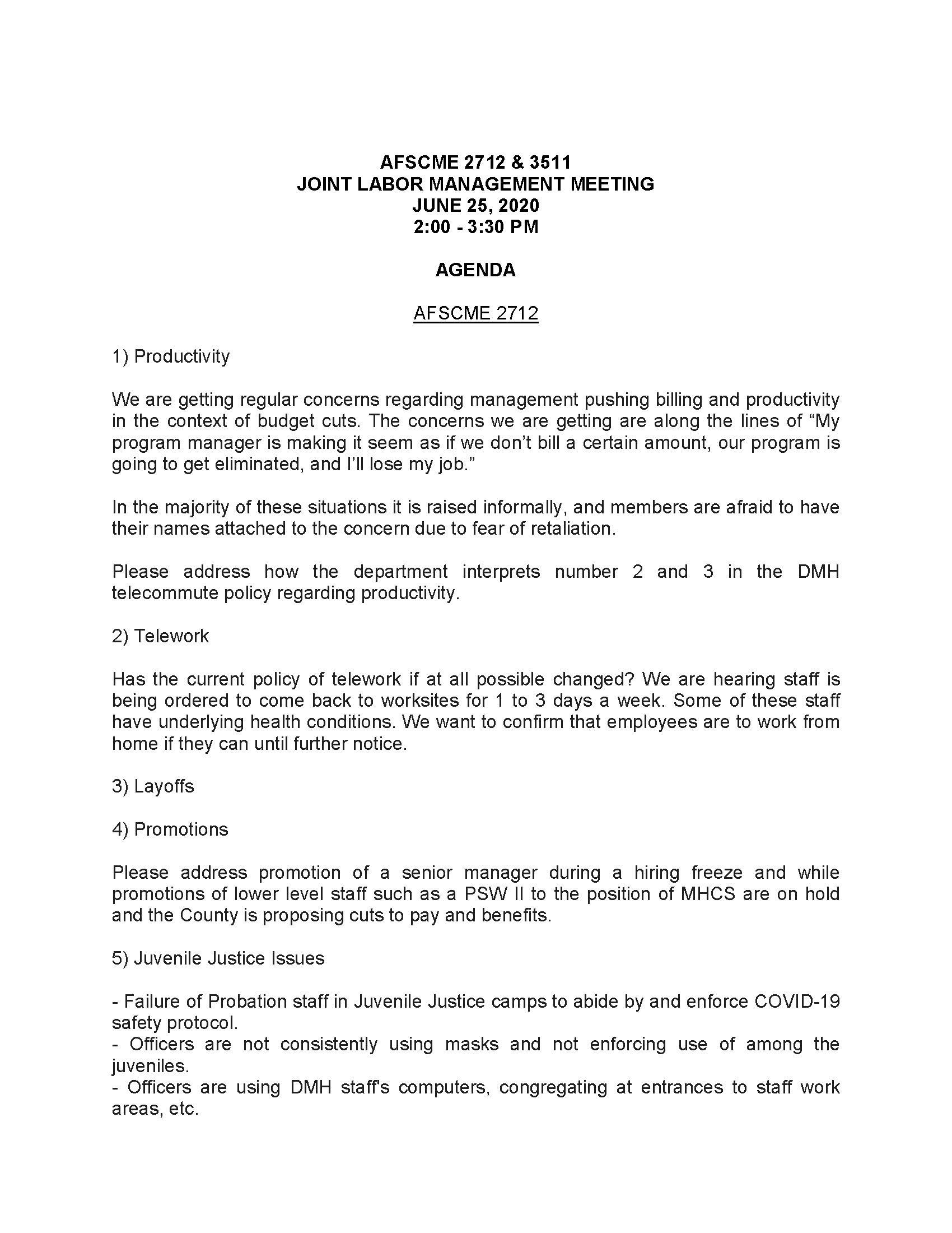 Joint Labor Management Meeting Agenda | Local 2712 -SoCiAL WoRkErS